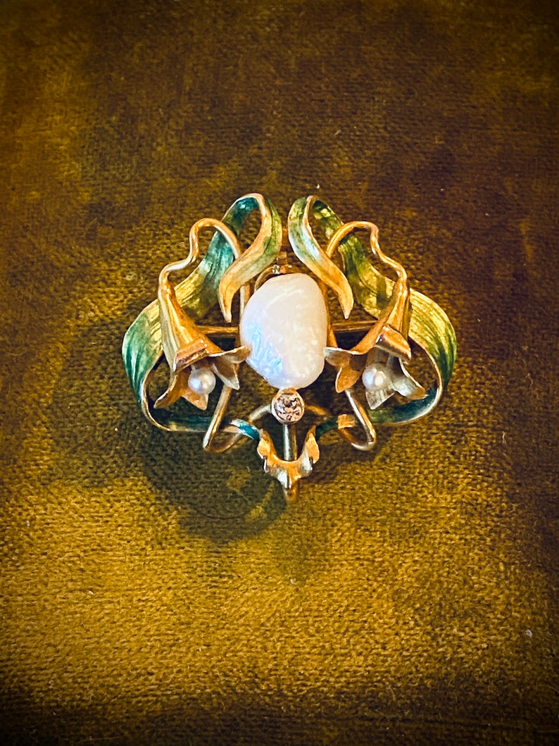 14k Gold Art Nouveau Diamond Pearl and Pastel Enamel Lily Convertible ...