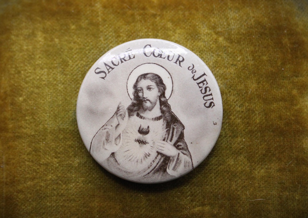 Antique French Religious Sacred Heart of Jesus Badge / Sepia Pin Back ...