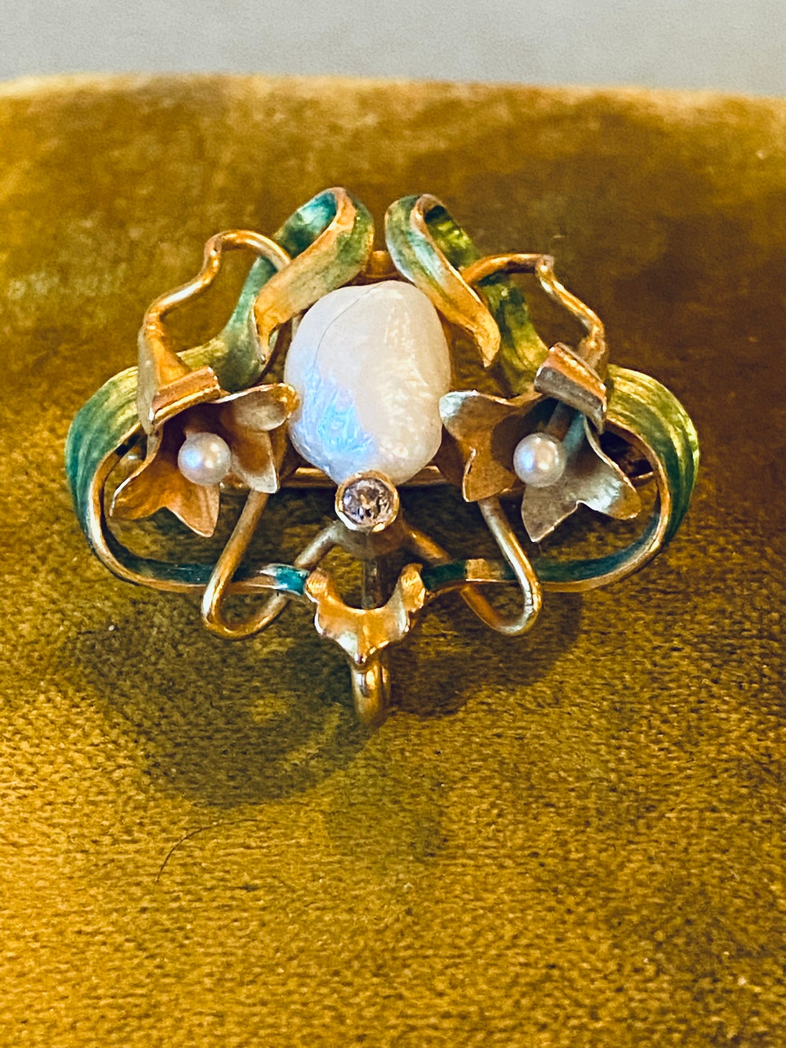 14k Gold Art Nouveau Diamond Pearl and Pastel Enamel Lily Convertible ...