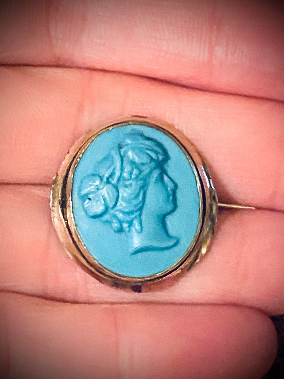 1800s Maenad Turquoise Cameo Goddess Lace Pin / Antique Blue Paste ...