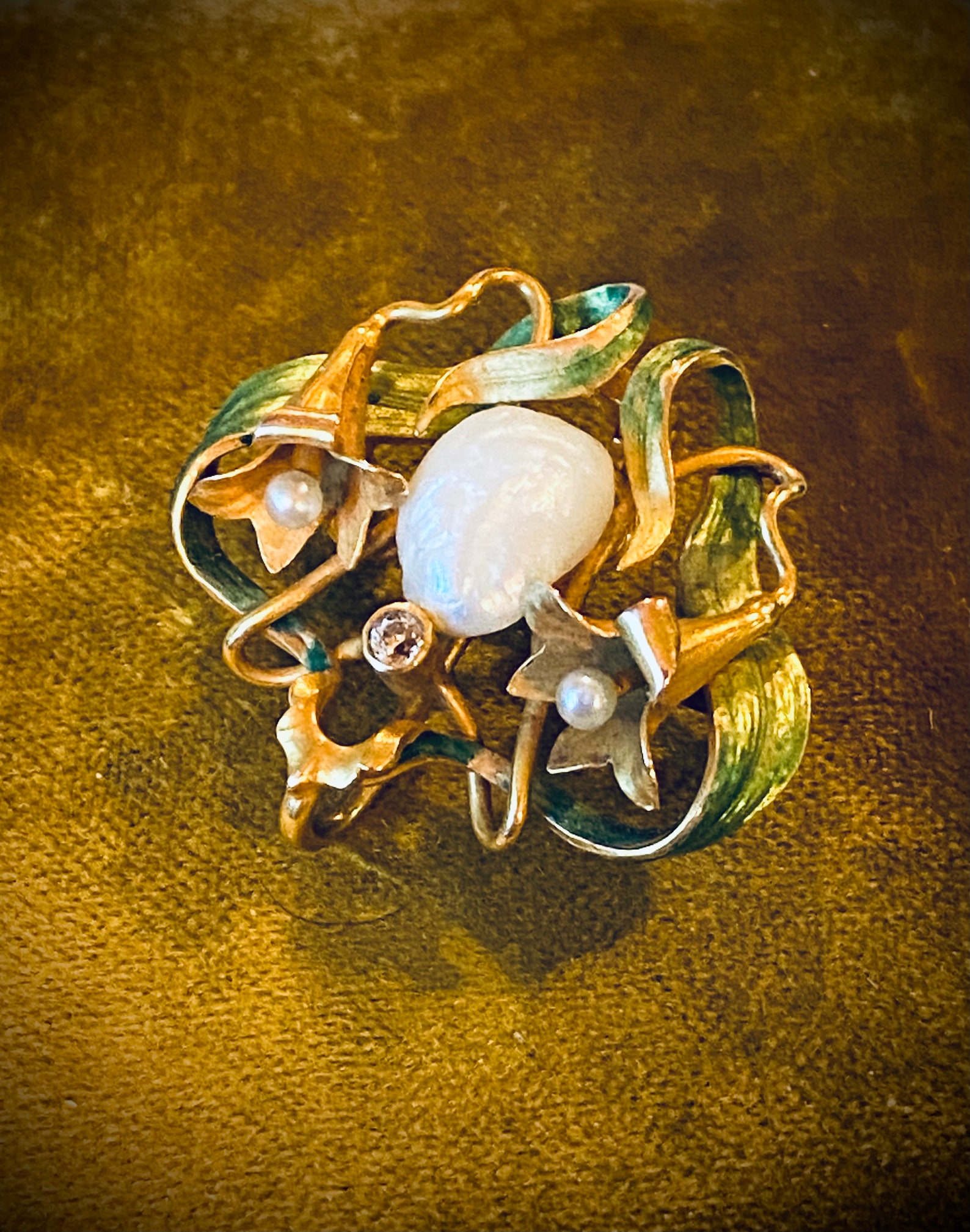 14k Gold Art Nouveau Diamond Pearl and Pastel Enamel Lily Convertible ...