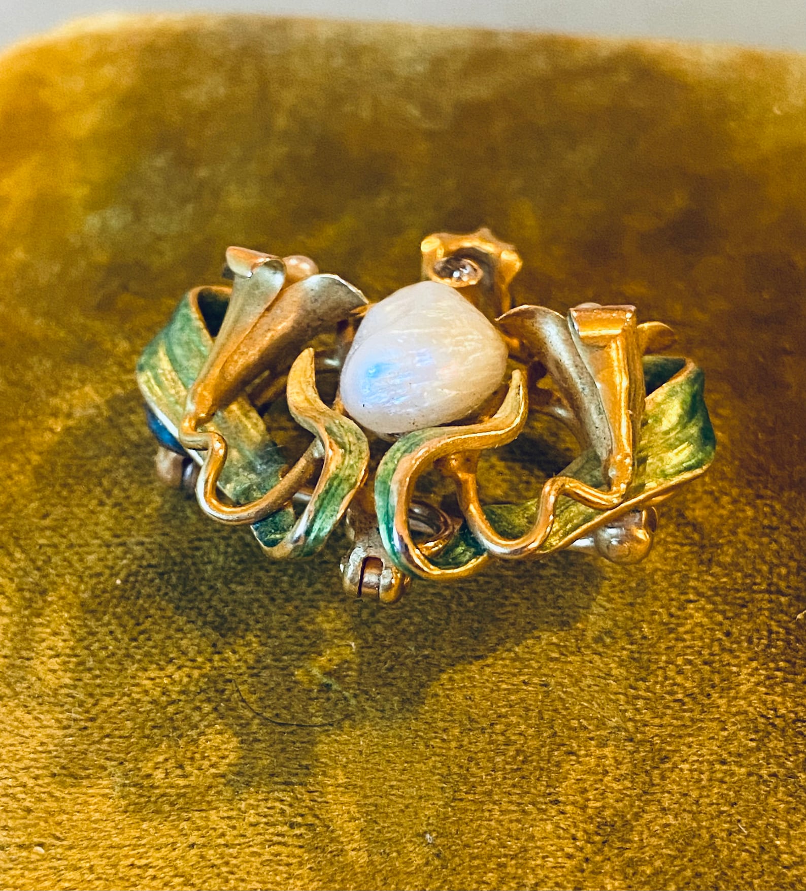 14k Gold Art Nouveau Diamond Pearl and Pastel Enamel Lily Convertible ...