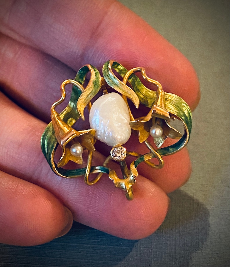 14k Gold Art Nouveau Diamond Pearl and Pastel Enamel Lily Convertible ...