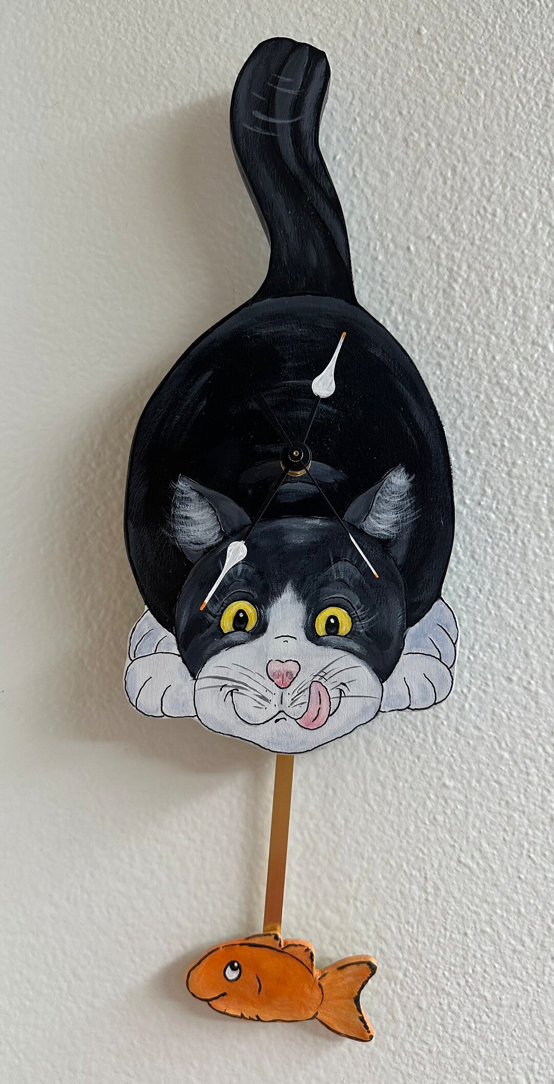 Hand Painted Cat Clock - Tuxedo Kitty With Fish Pendulum - Etsy