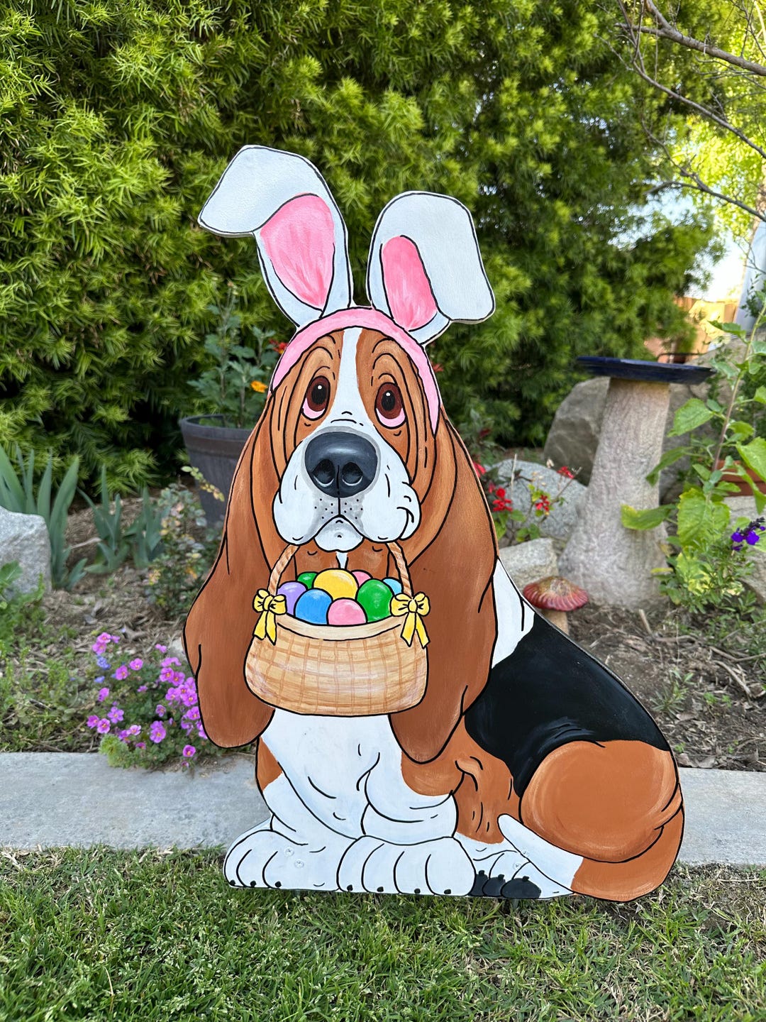 Made-to-order Hand Painted Basset Hound Yard Art Tri-color With Easter ...