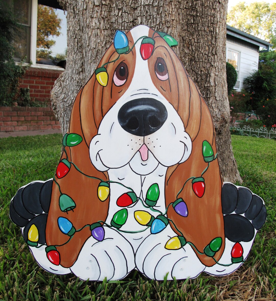 Hand Painted Basset Hound Yard Art - Holiday - "edison" Wrapped in Xmas ...