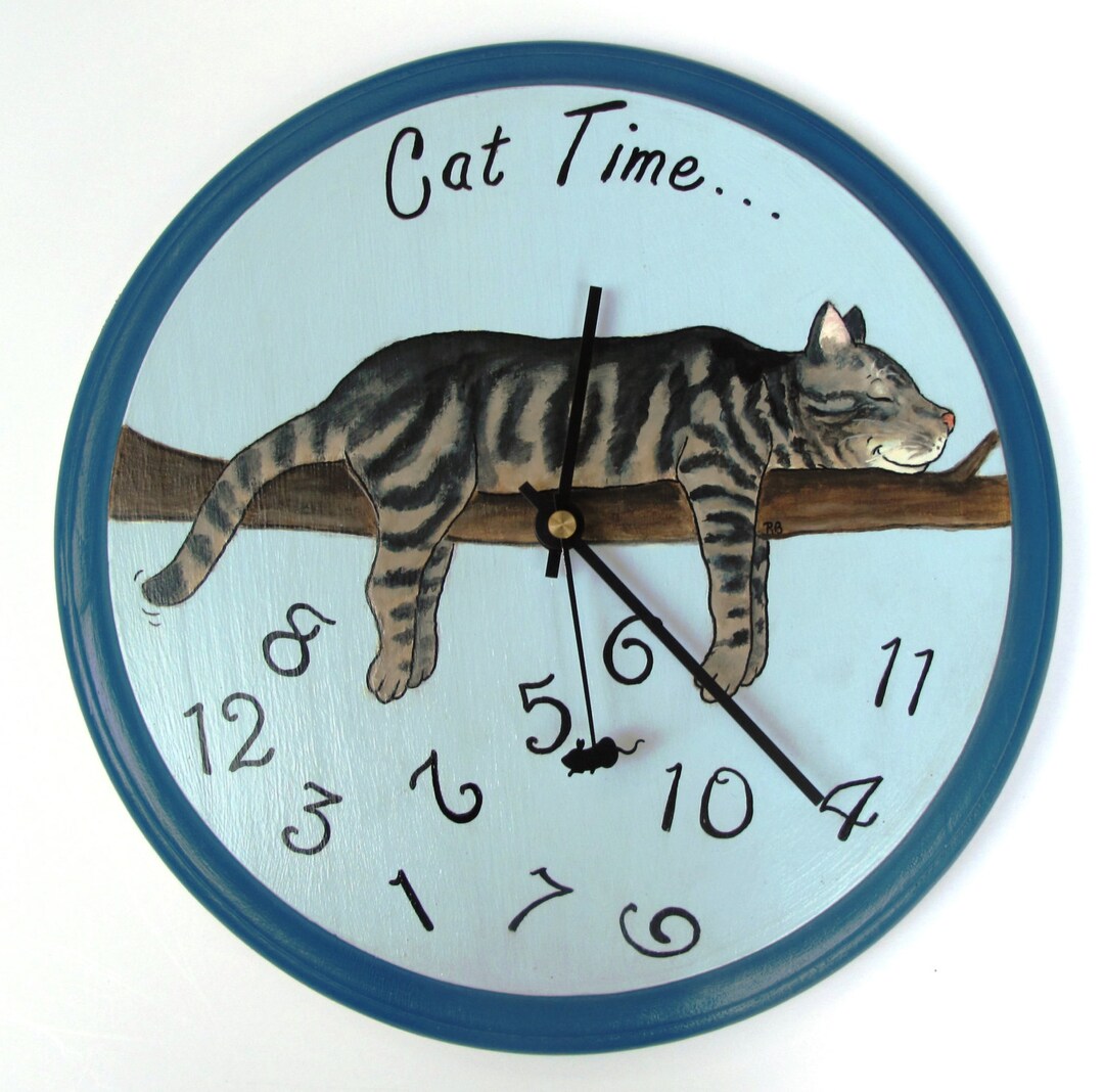 Hand Painted Cat Clock - Swirled Tabby Stripe Cat - "cat Time!" - Etsy