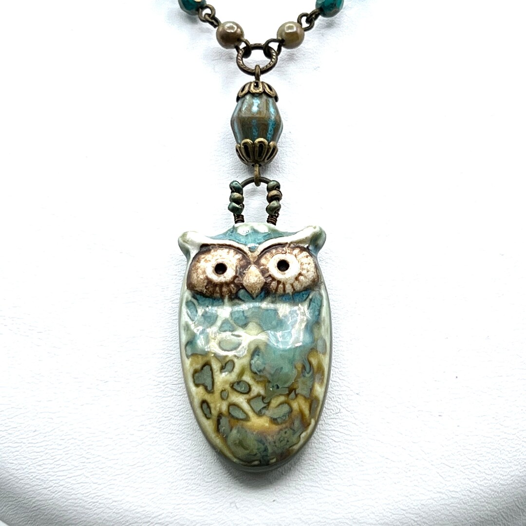 Boho Owl Necklace Handcrafted Owl Pendant Aqua Sage Green - Etsy