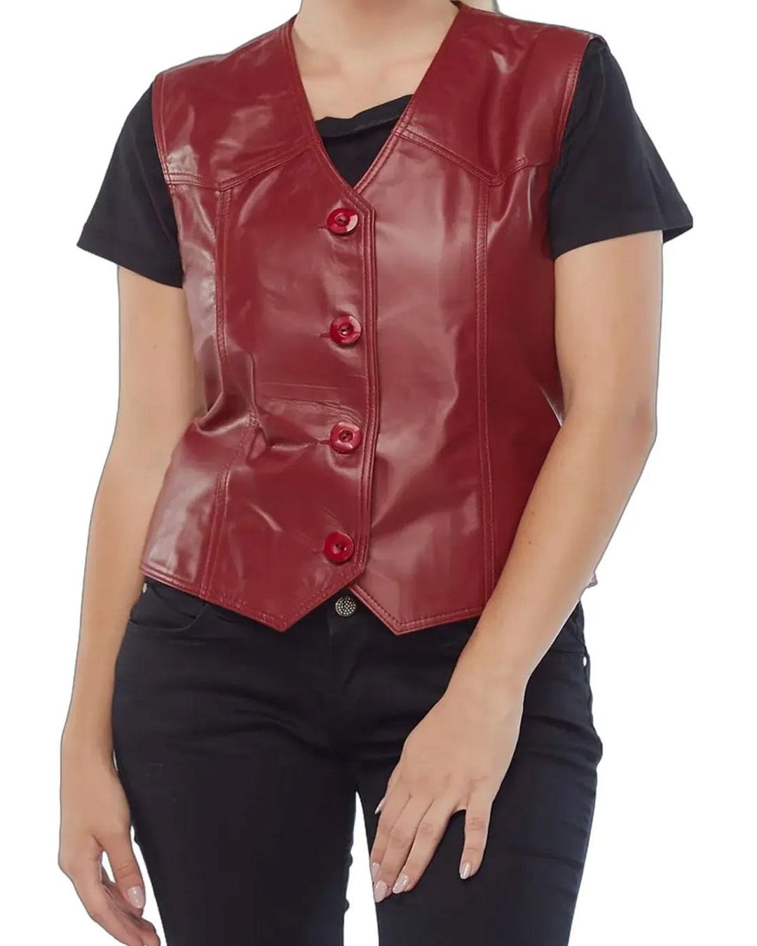 Custom Red Leather Vest Women’s Motorcycle, Stylish Soft Leather Biker ...