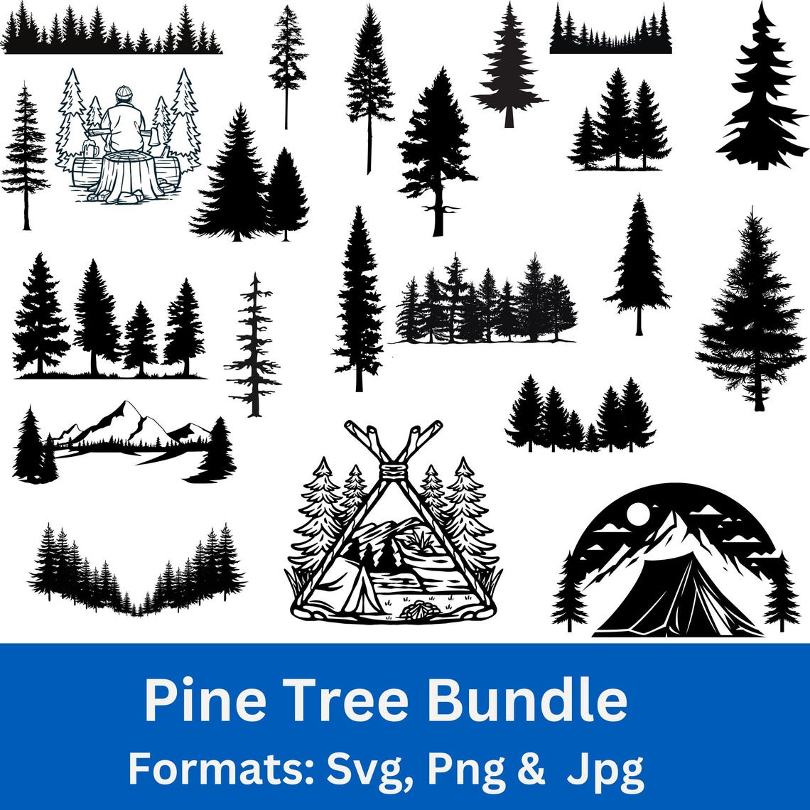 Pine Tree Silhouette SVG Bundle Pack, Evergreen Trees PNG, Tree ...