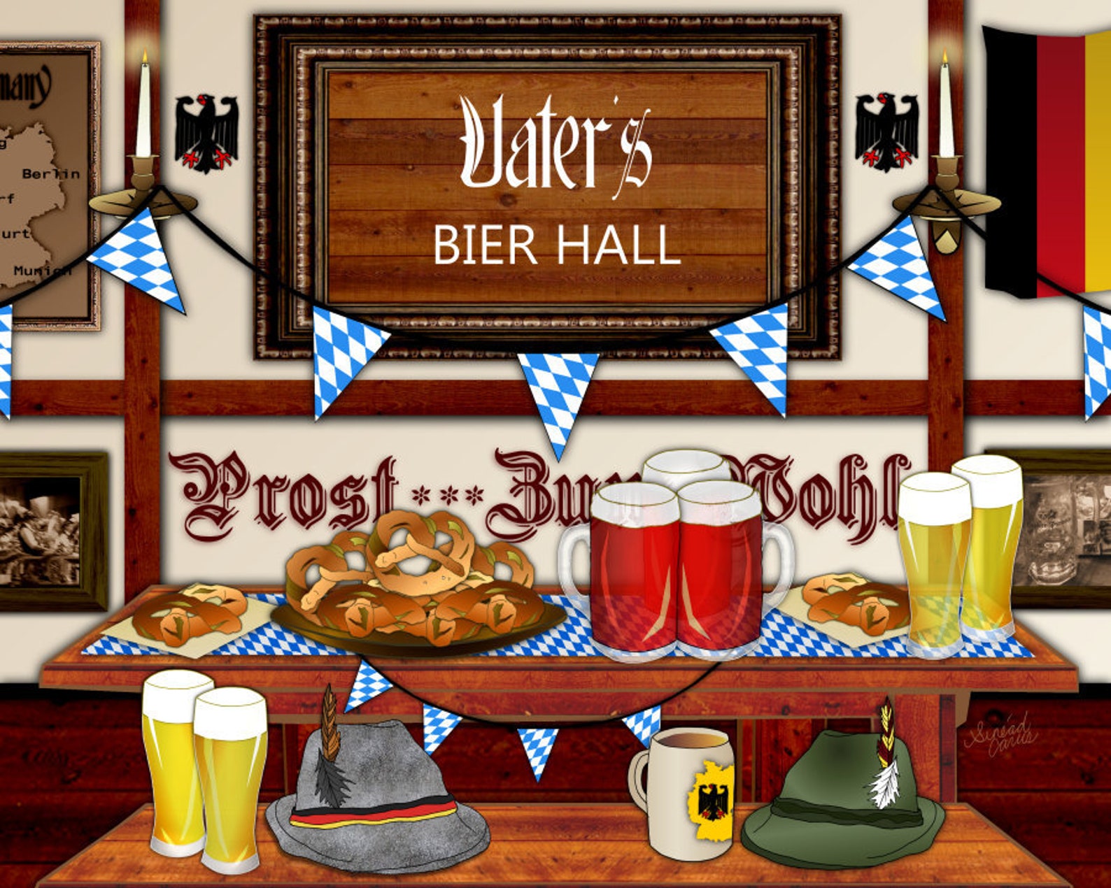 German Beer Hall, Personalized Art, Home Bar Print, Bavarian Bier ...