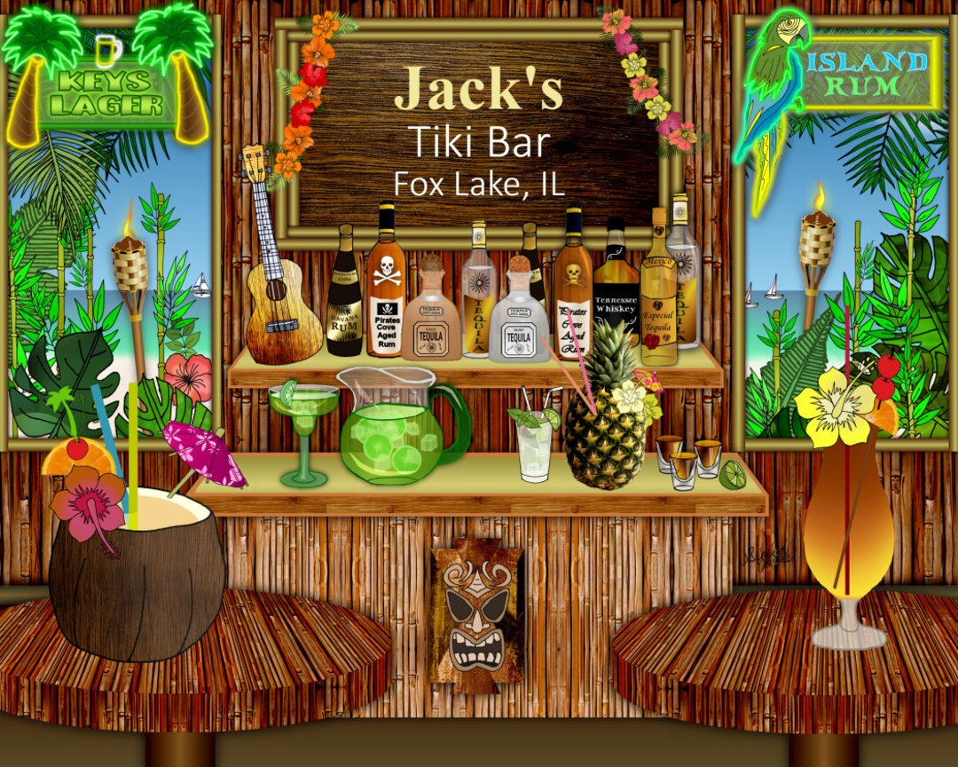 Tiki Bar, Personalized Art Print, Bar Art, Mancave Decor, Polynesian ...