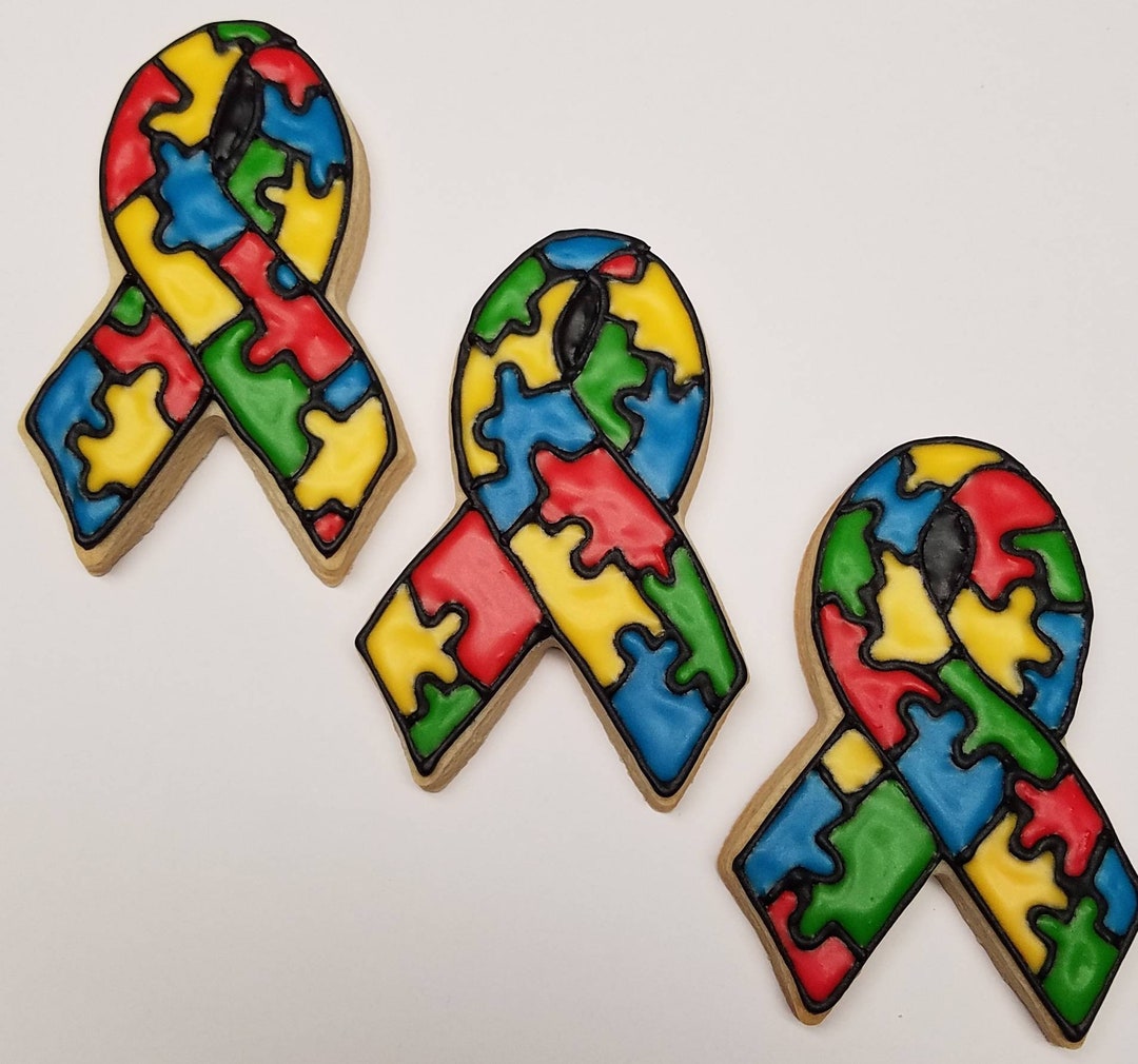 Autism Awareness Puzzle Piece Ribbon Decorated Sugar Cookies Royal ...