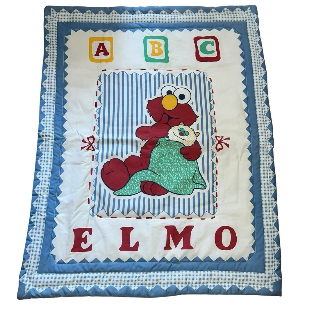 Vintage Sesame Street "elmo" / Barney Quilted Baby Blanket Handmade 32 ...