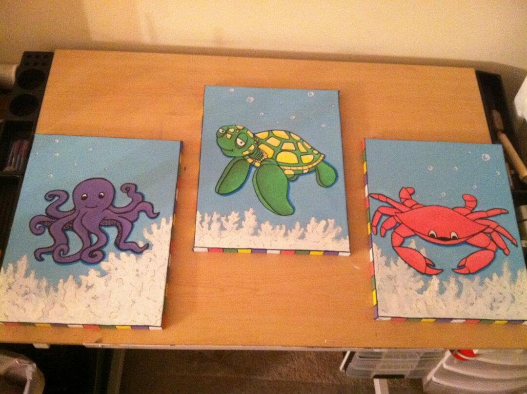 Under the Sea Animal Nursery Paintings. Octopus, Turtle, and Crab ...