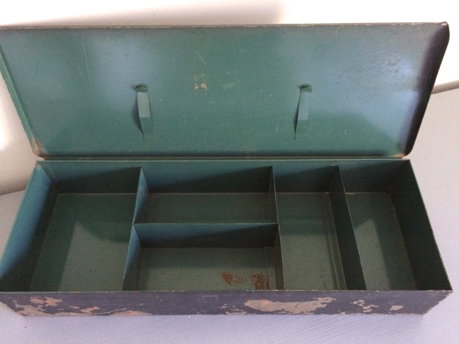 Vintage Metal Lidded Divided Box, Industrial Storage, Antique Tin Box ...