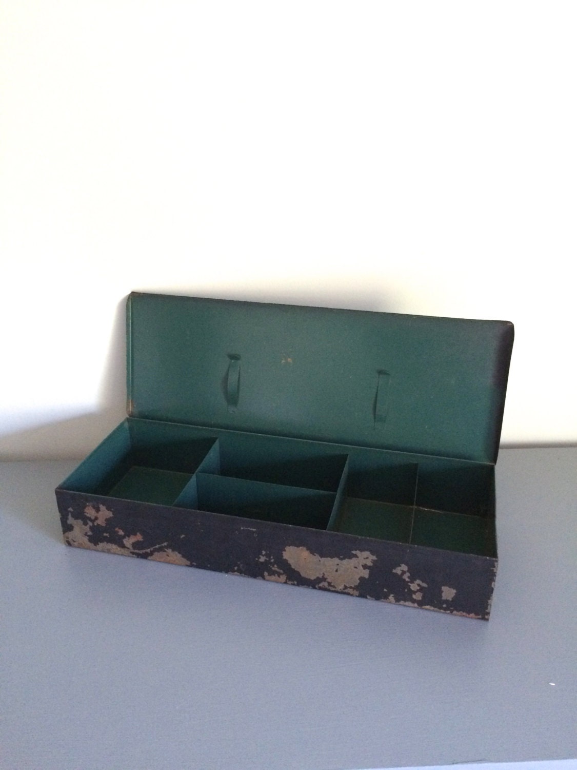 Vintage Metal Lidded Divided Box, Industrial Storage, Antique Tin Box ...