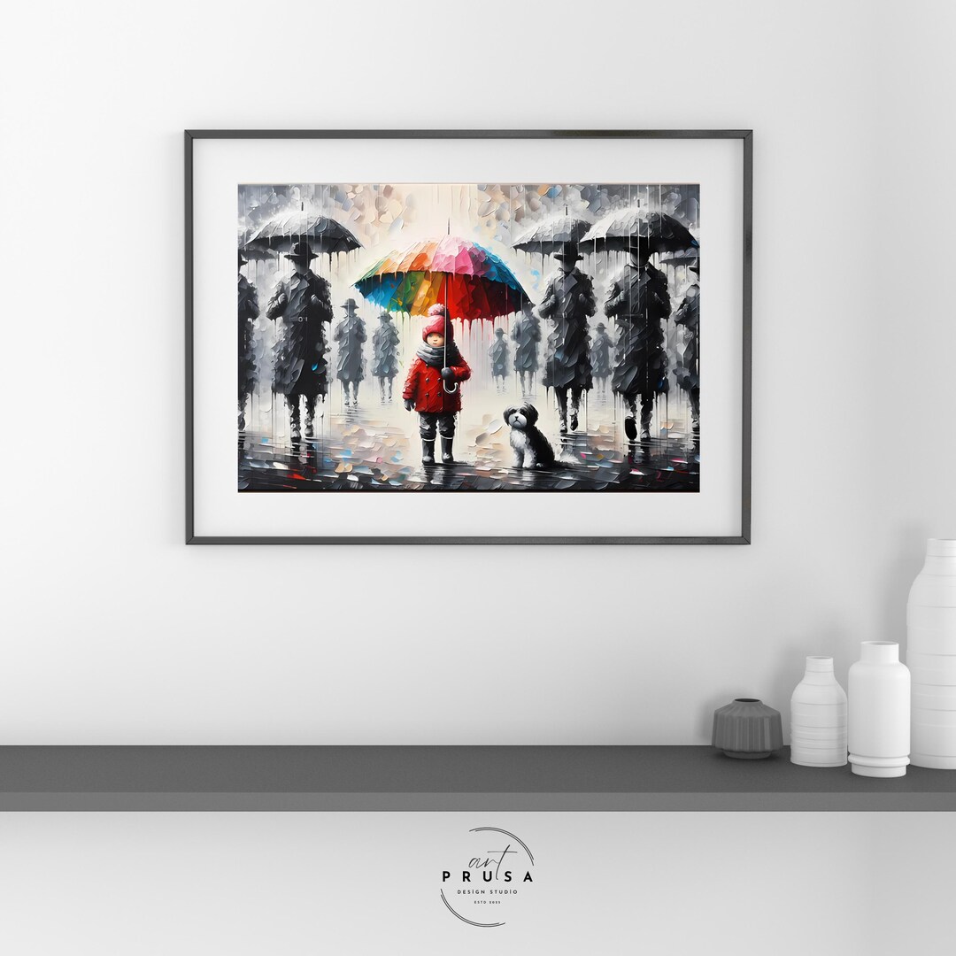Whimsical Rainy Day Digital Print - Vibrant Child and Dog With Rainbow ...