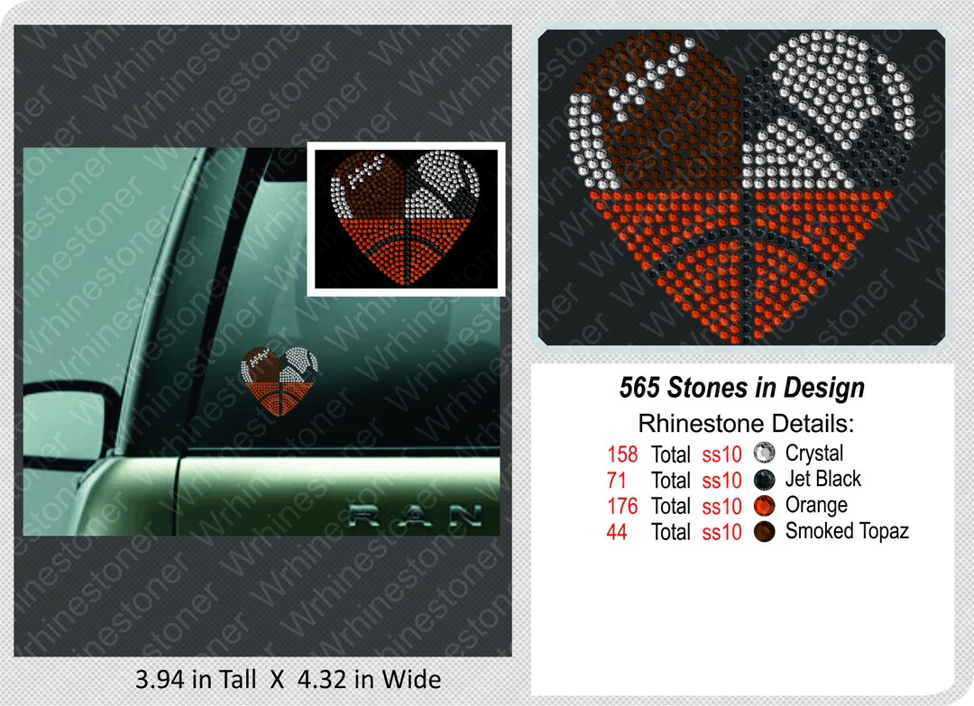 Football Soccer and Basketball Heart Rhinestone Car Window Decal; 4 ...