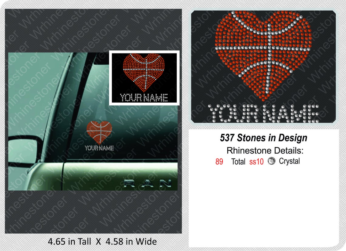 Basketball Heart Rhinestone Car Decal With Name; Personalized Decal ...
