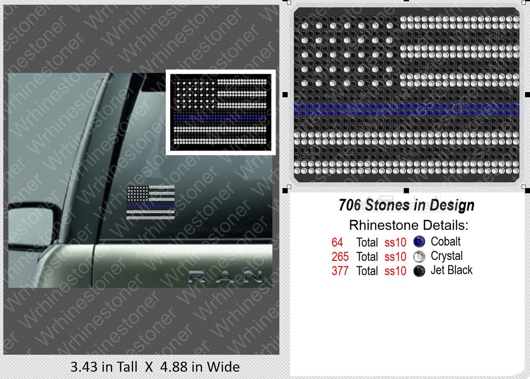 Thin Blue Line Flag Rhinestone Car Decal; Thin Blue Line Sticker; Thin ...