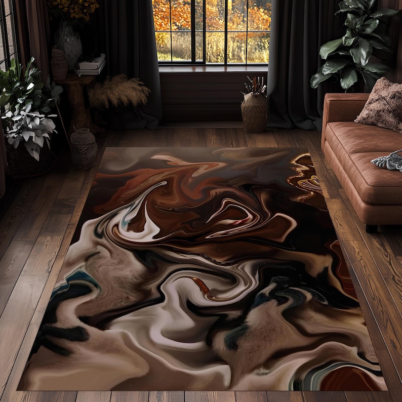 Abstract Marble Area Rug, Earth Tone Living Room Rug, Modern Fluid Art ...