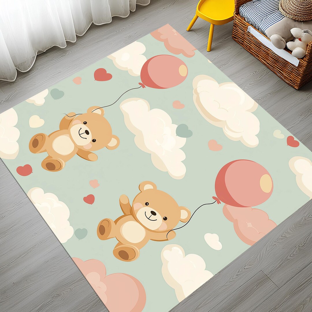 Teddy Bear Balloon Kids Rug, Nursery Room Carpet, Cute Pastel Animal ...