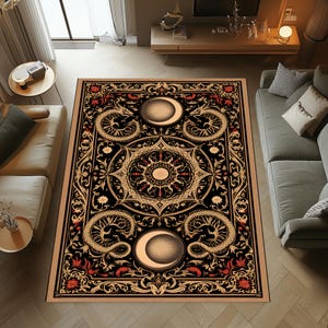 Celestial Dragon Rug, Gothic Moon Area Rug, Black Mythical Living Room ...
