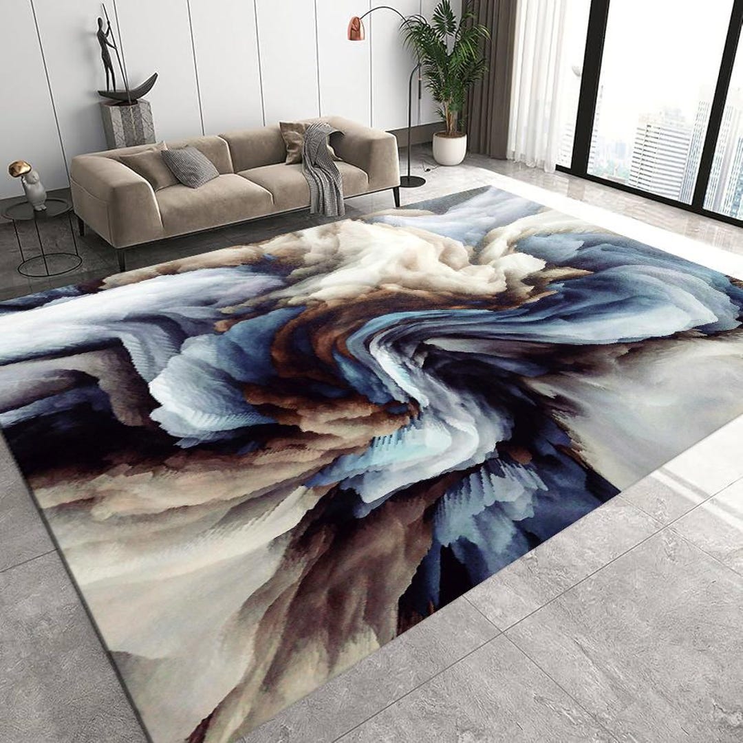 Abstract Swirl Pattern Rug, Modern Blue and Brown Rug, Artistic Living ...