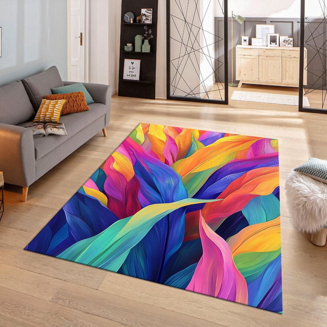 Colorful Leaves Rug, Abstract Living Room Rug, Area Rug, Modern Floor ...