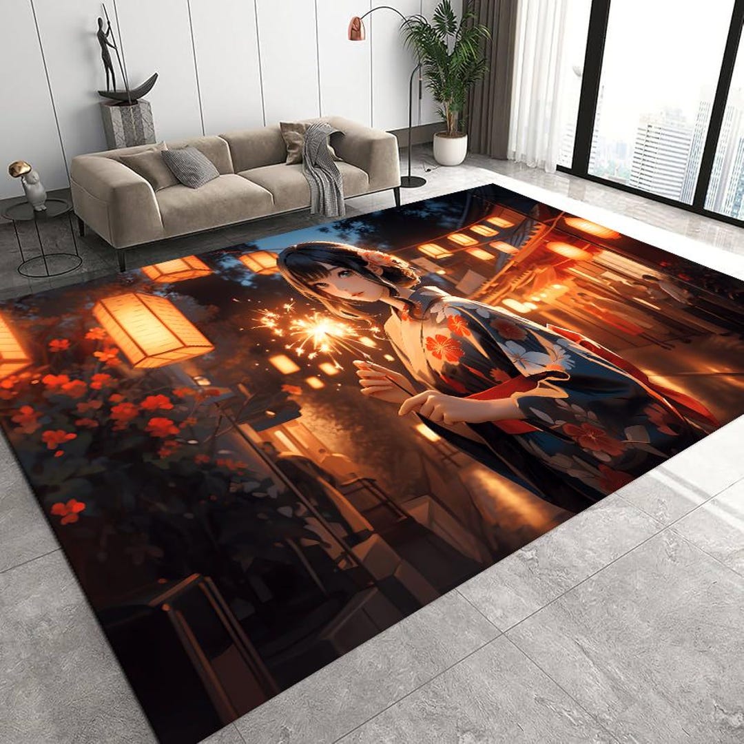 Japanese Festival Scene Rug, Kimono Girl Design, Living Room Rug, Area ...
