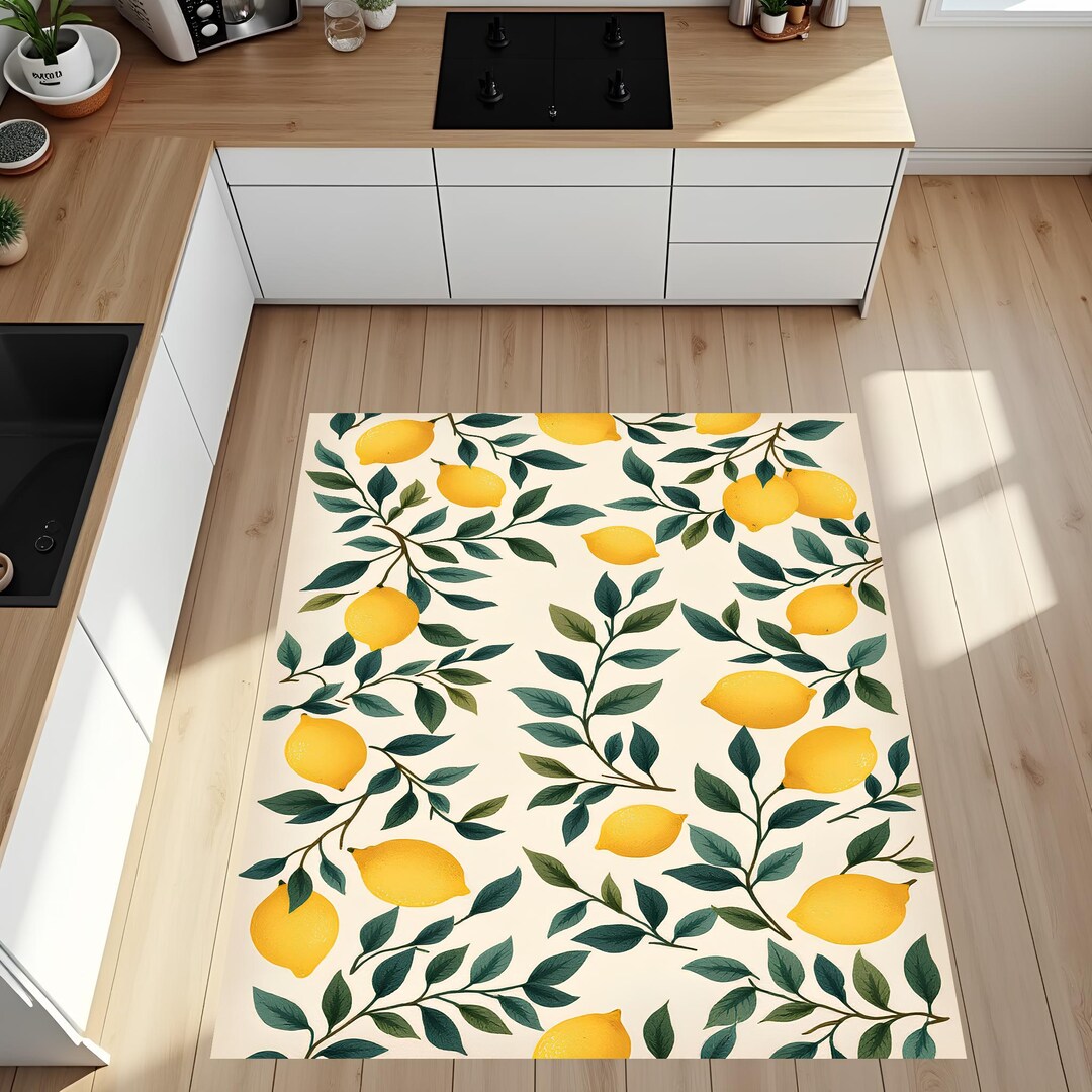 Lemon Kitchen Rug, Yellow Citrus Fruit Area Rug, Botanical Print Mat ...