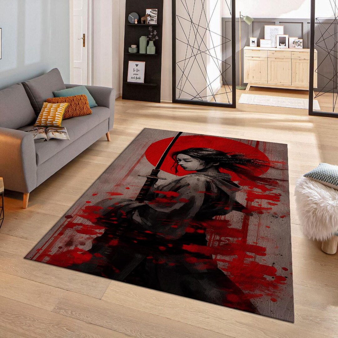 Japanese Samurai Rug, Red Sun Rug, Living Room Rug, Area Rug, Washable ...