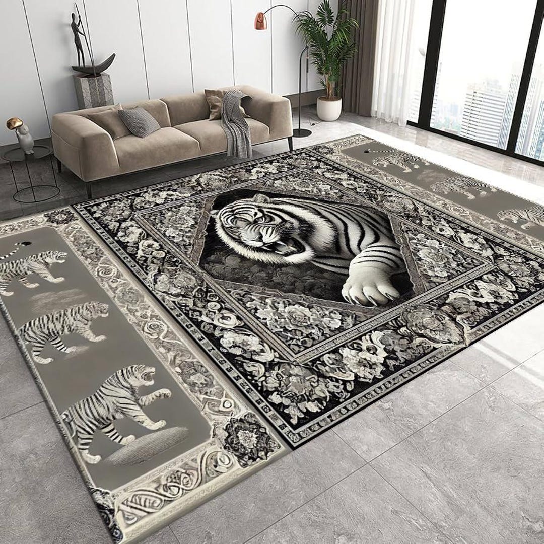 Majestic White Tiger Area Rug, Living Room Rug, Washable Rug, Non-slip ...