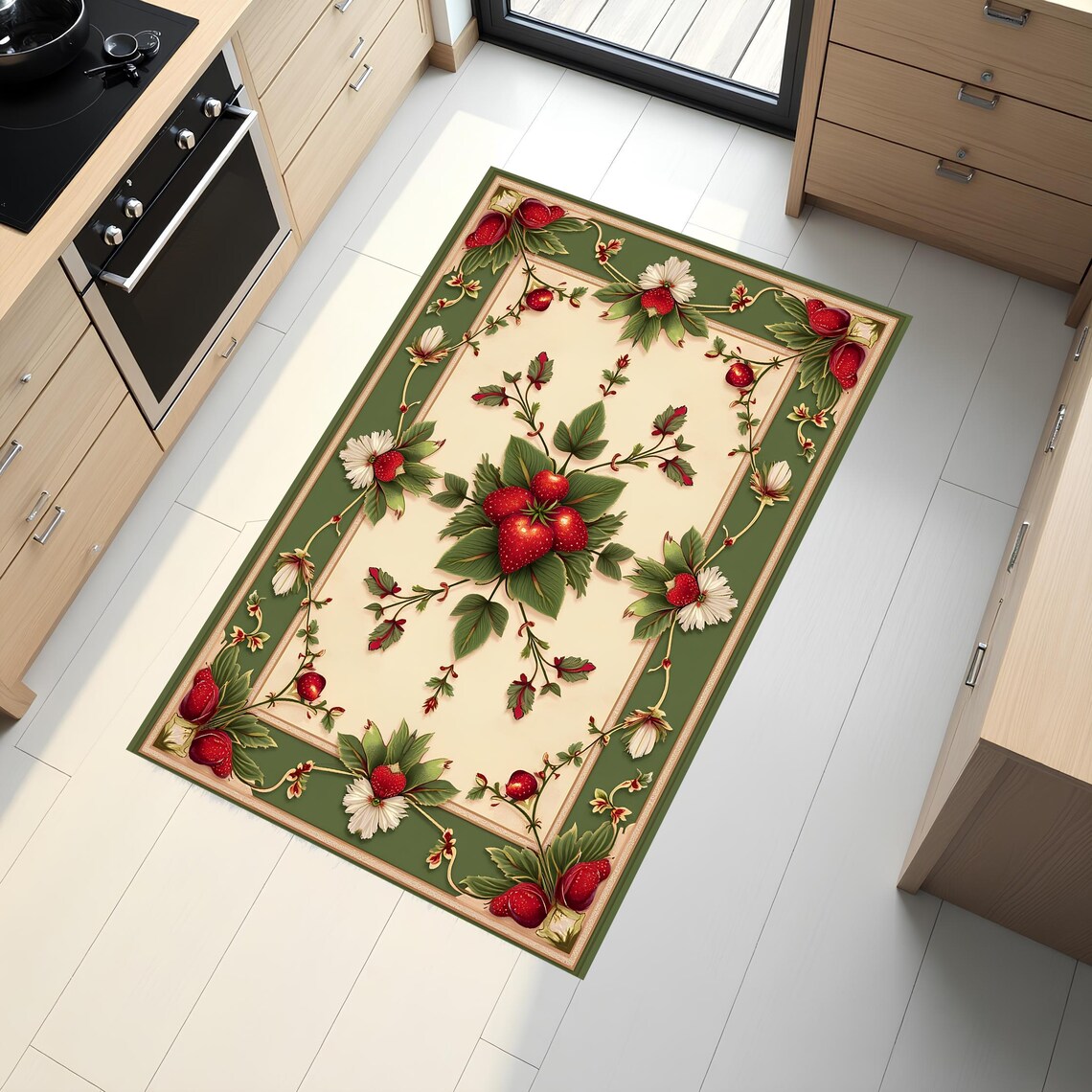 Strawberry Kitchen Rug, Vintage Style Fruit Area Rug, Red Green ...