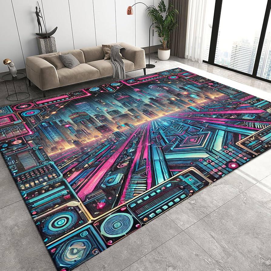 Cyberpunk City, Futuristic Neon City Digital Printed Rug, Vibrant ...