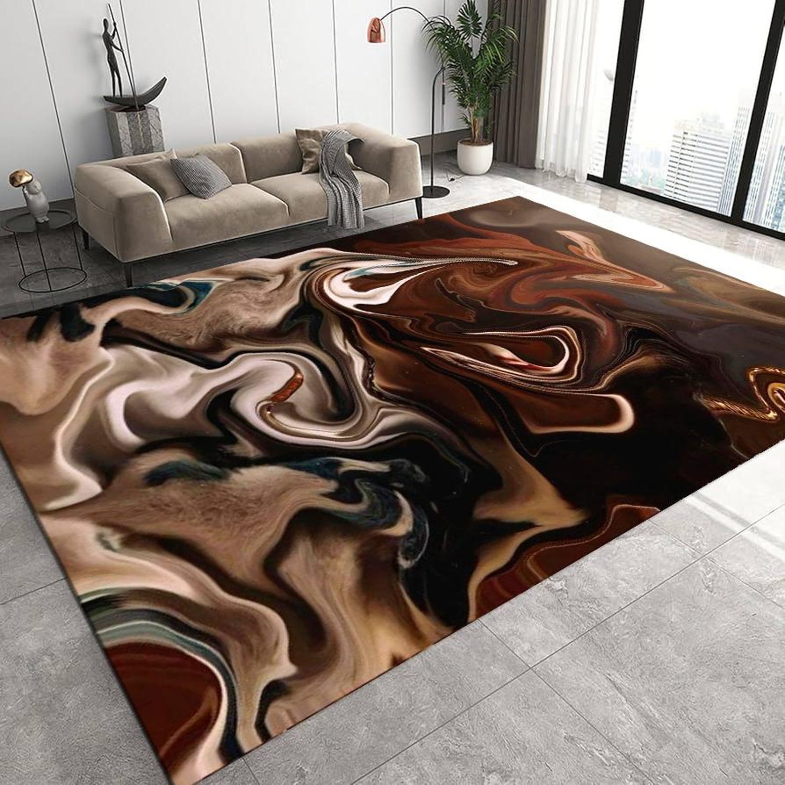 Abstract Marble Area Rug, Earth Tone Living Room Rug, Modern Fluid Art ...