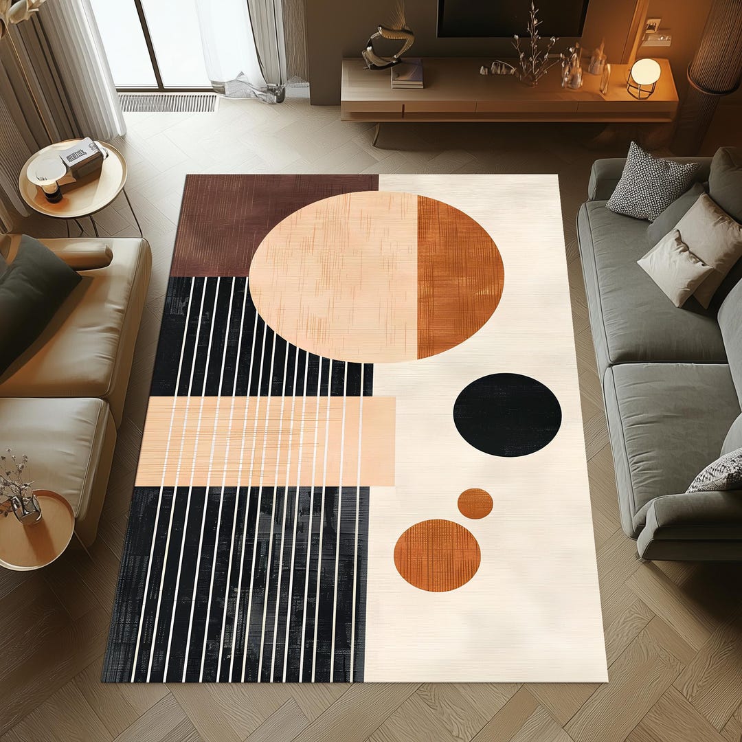 Modern Geometric Rug Design, Circle and Stripe Pattern Carpet, Beige ...