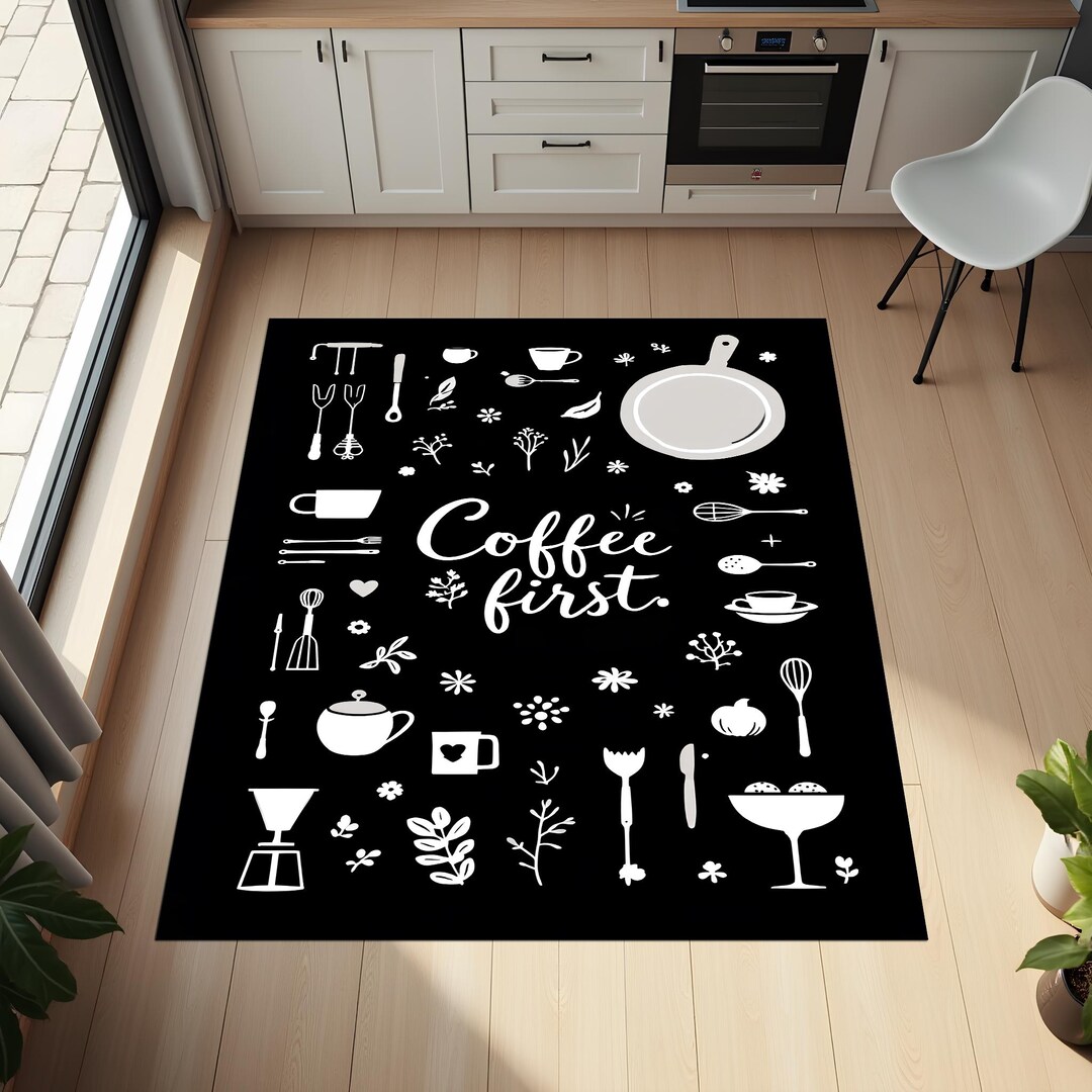 Black and White Coffee First Kitchen Rug – Modern Typography Themed ...