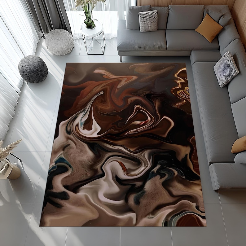Abstract Marble Area Rug, Earth Tone Living Room Rug, Modern Fluid Art ...