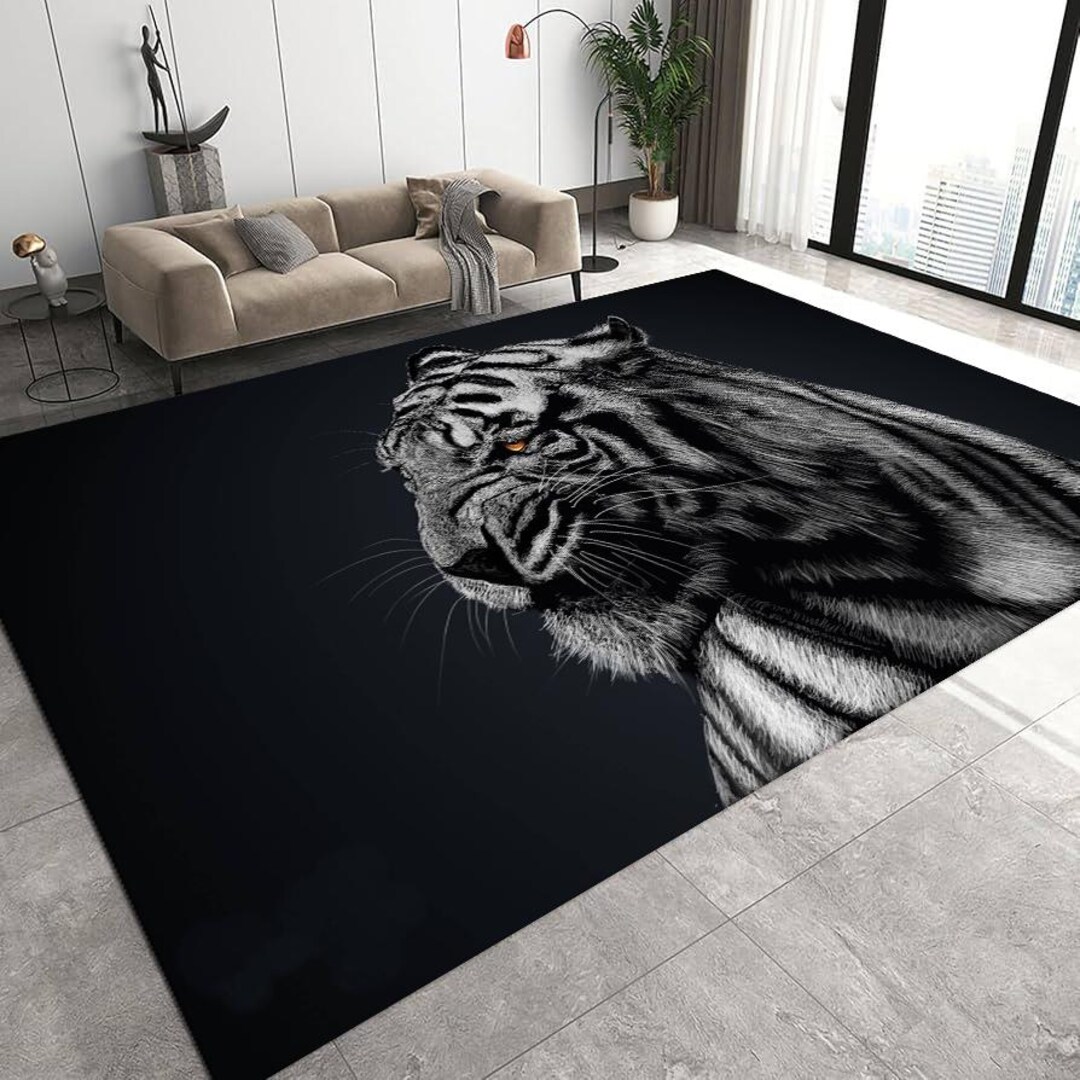 Black and White Tiger Rug , Modern Animal Art Carpet for Living Room ...