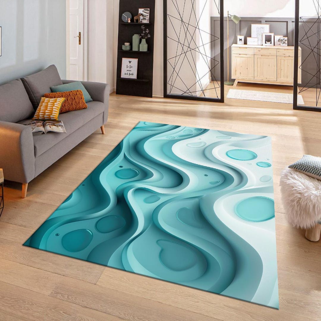 3D Abstract Blue Rug, Modern Wave Design Carpet, Unique Artistic Area ...