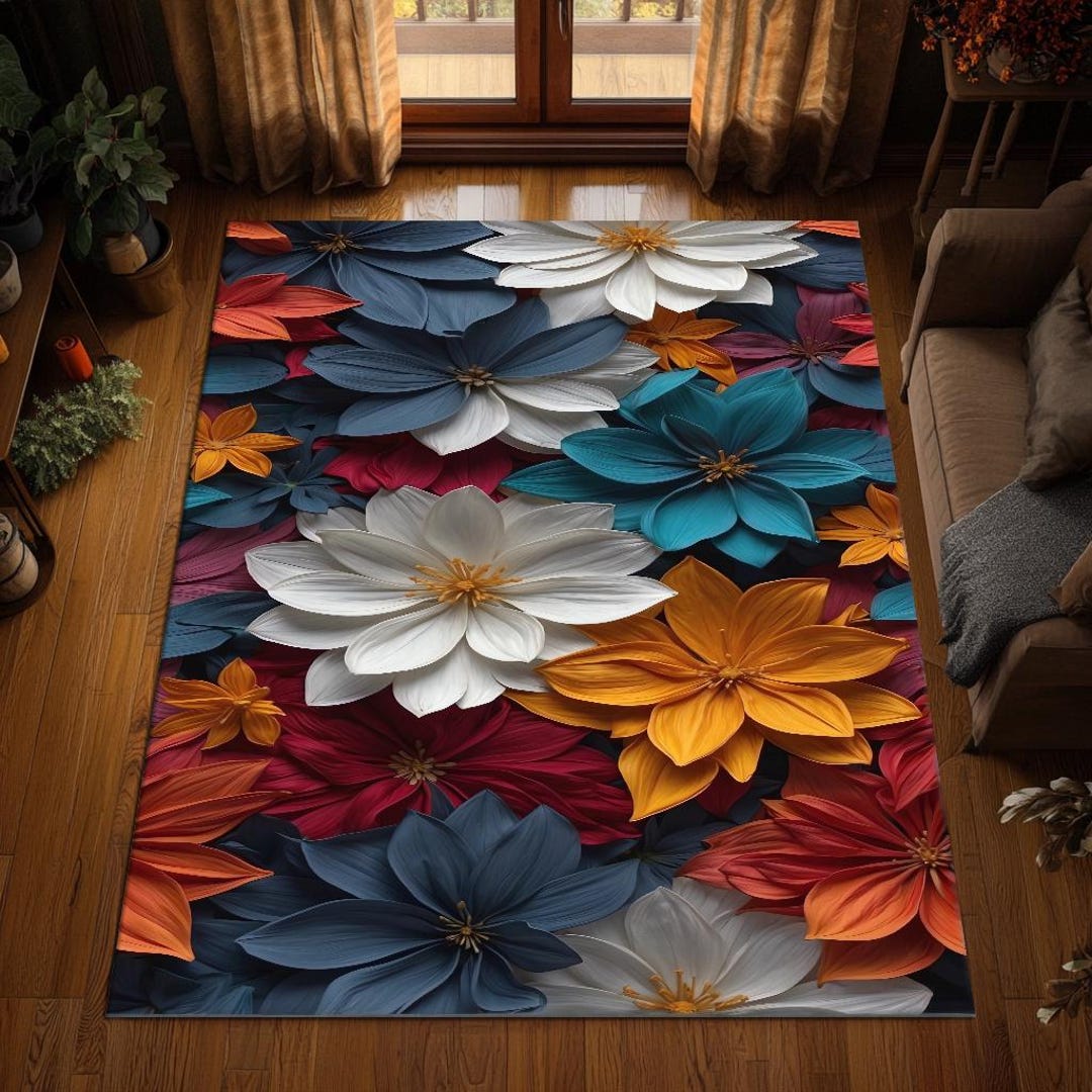 Colorful 3D Floral Area Rug With Bold Bloom Print, Modern Botanical ...