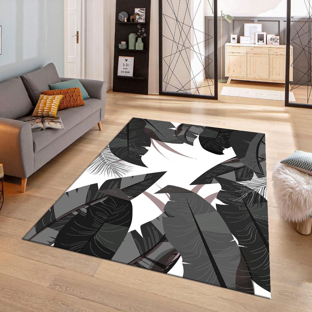 Monstera Leaf Black and White Living Room Rug, Area Rug, Washable Rug ...
