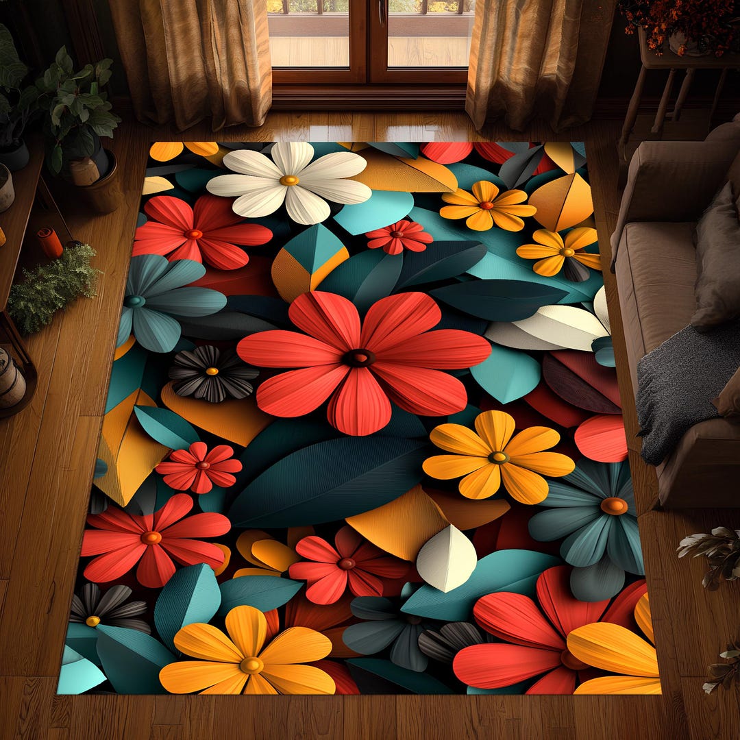 Colorful Flower Pattern Rug, Modern Bloom Area Rug, Living Room Rug ...
