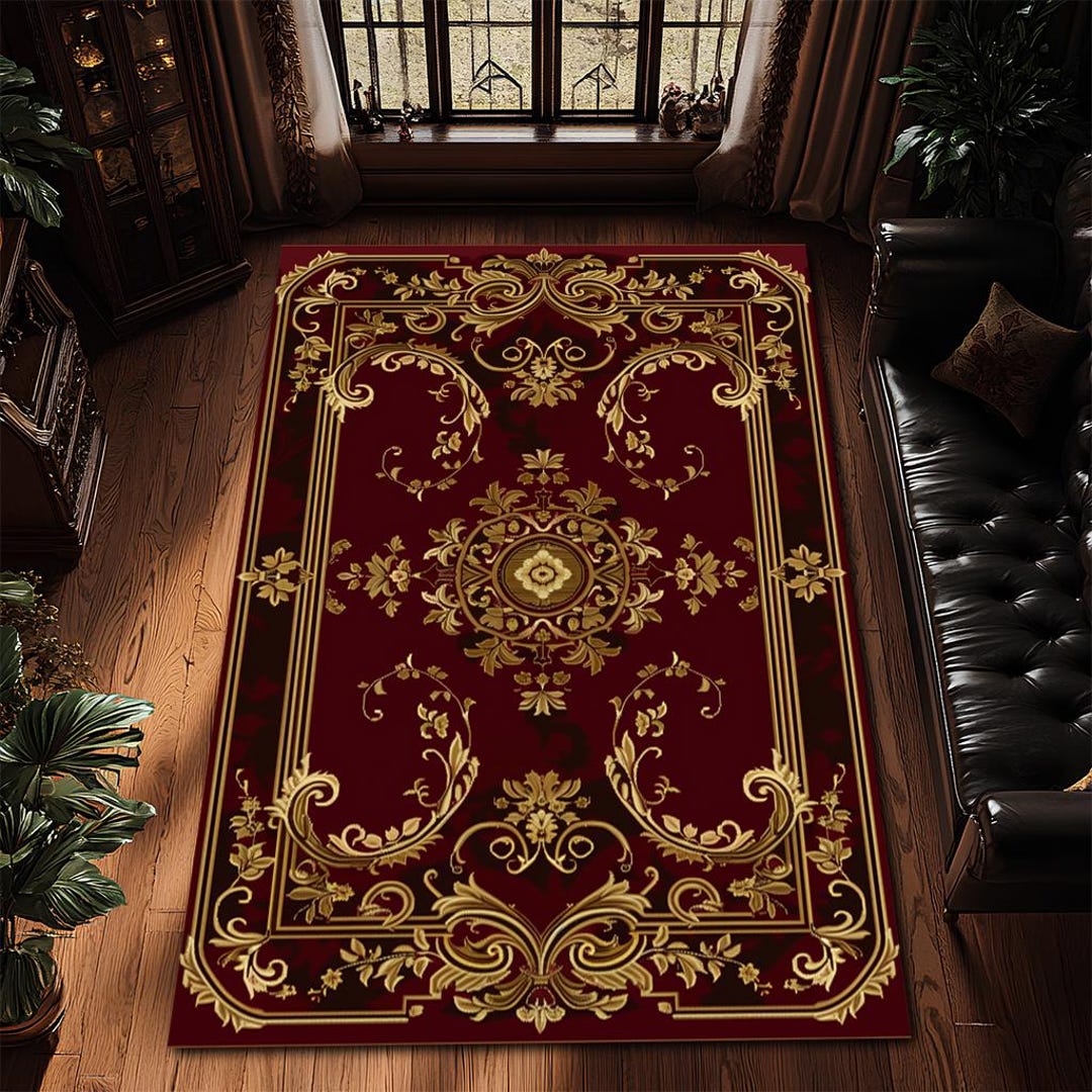 Luxury Burgundy Baroque Rug, Ornate Gold Medallion Area Rug, Elegant ...