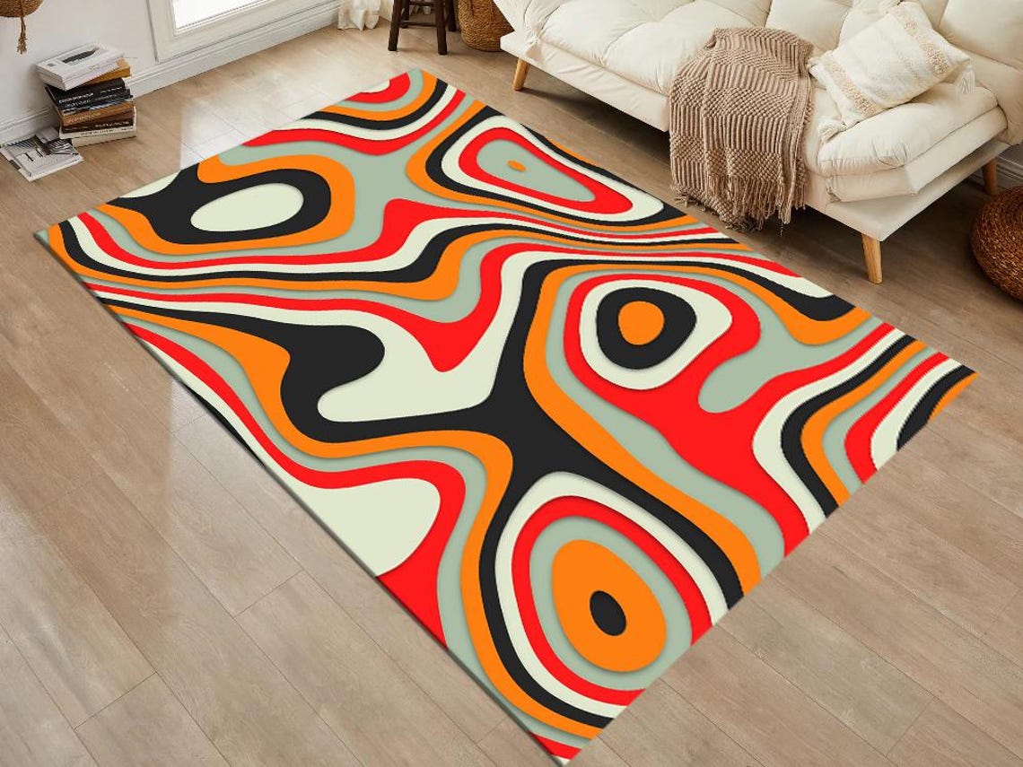 Retro Swirl Rug, Living Room Rug, Area Rug, Washable Rug, Non Slip Rug ...