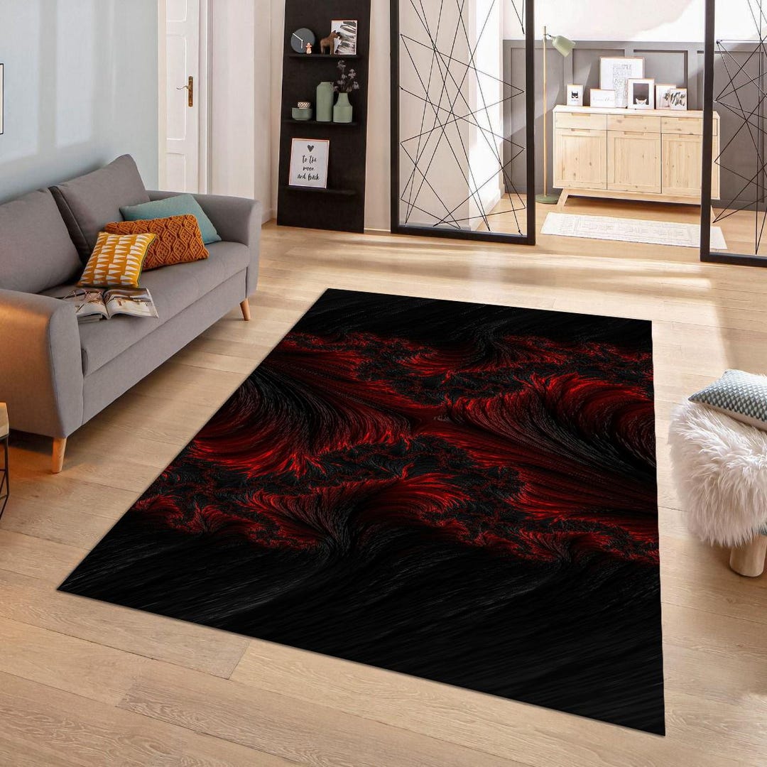 Modern Red and Black Abstract Rug, Washable Rug, Non-slip Artistic ...