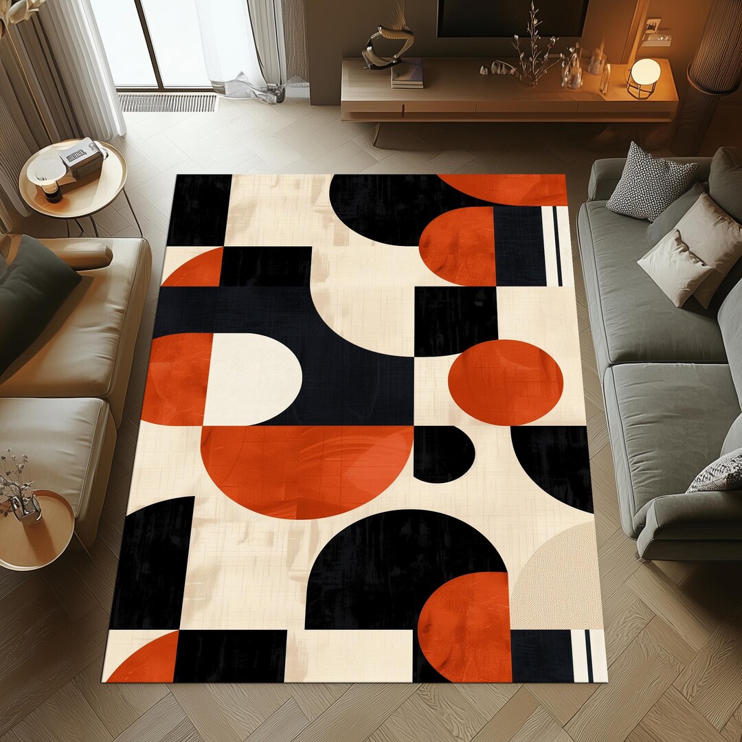 Modern Abstract Circle Rug, Black Orange Beige Geometric Area Carpet ...