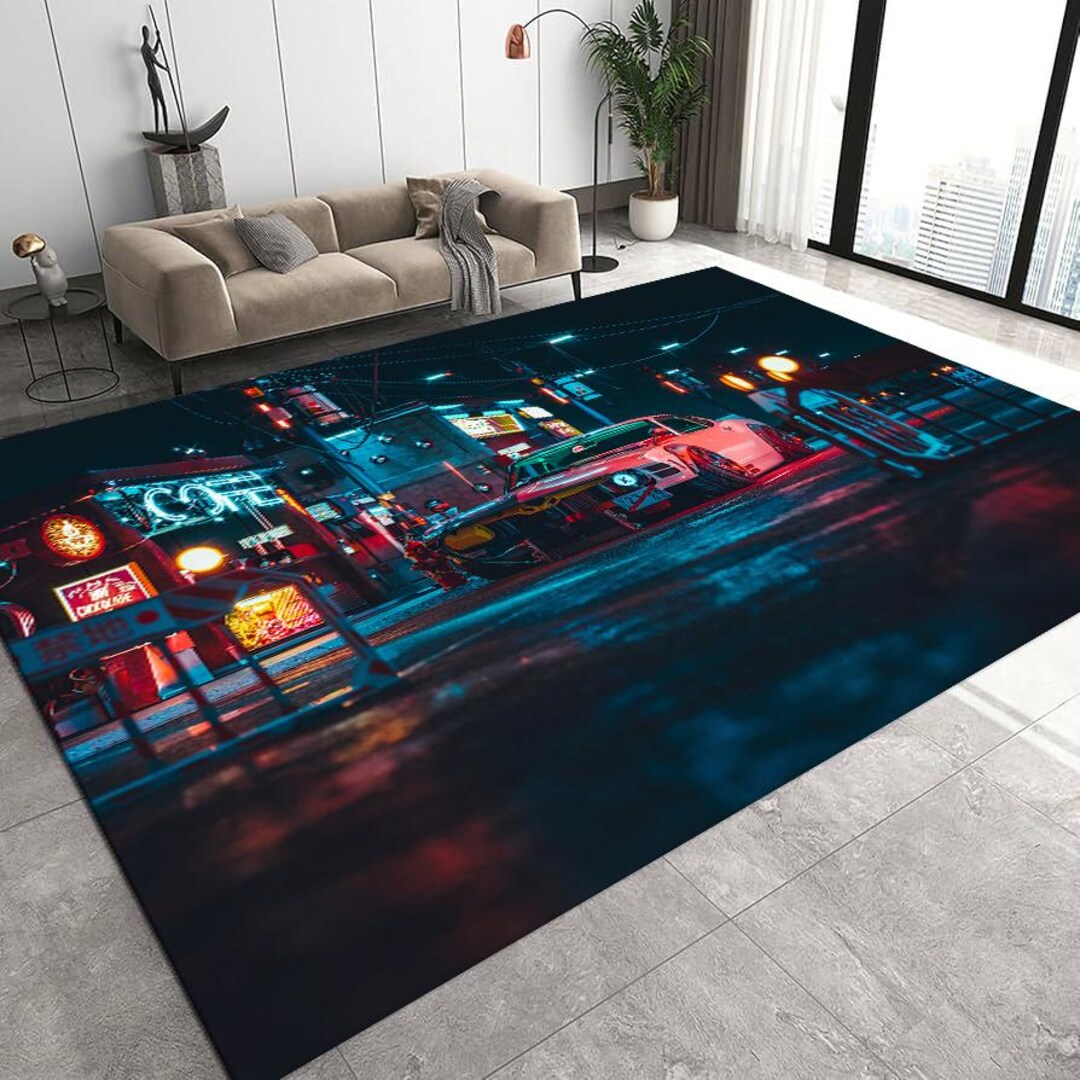 Cyberpunk Cityscape Rug , Neon Night Urban Design Carpet , Modern ...